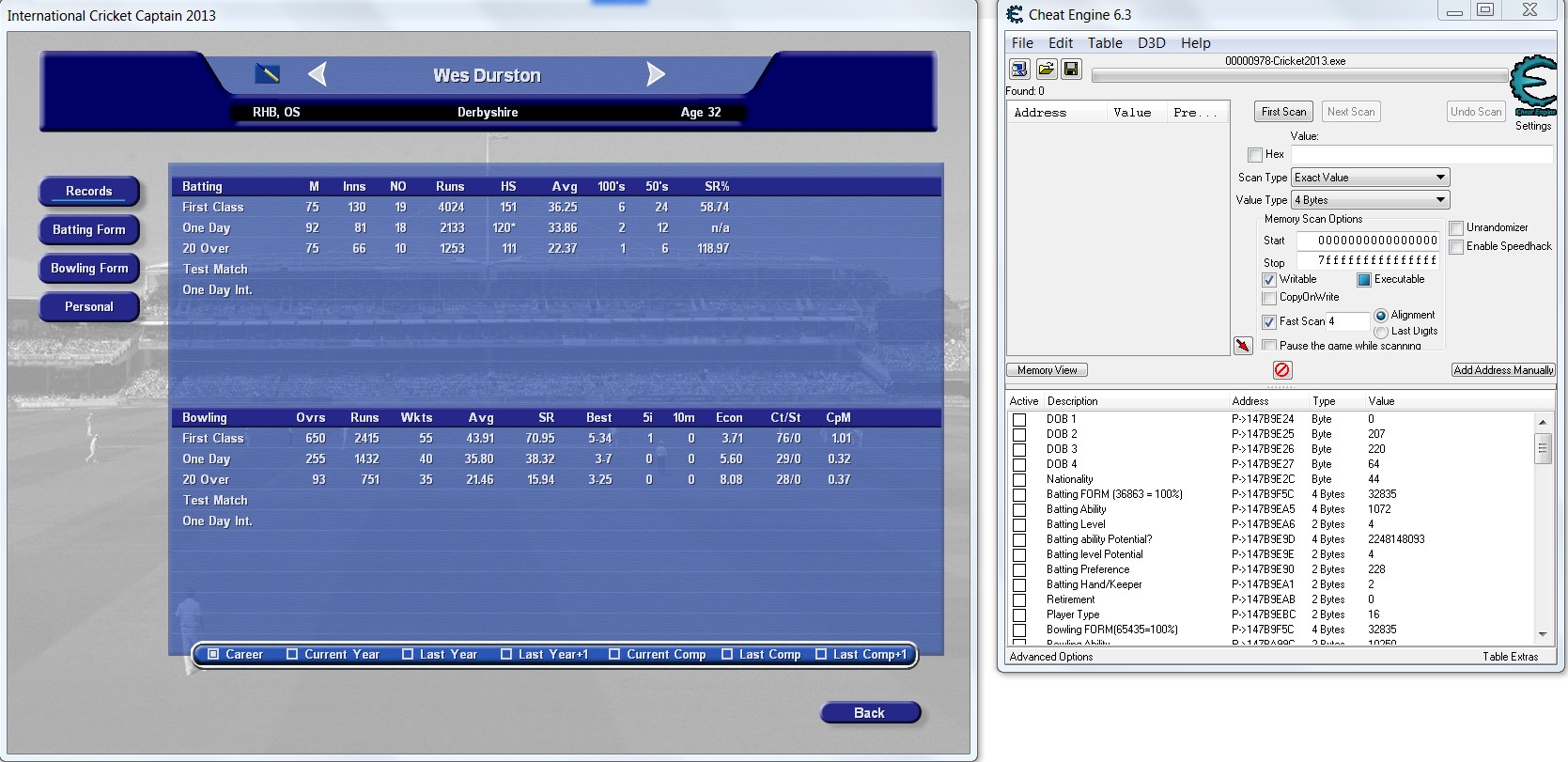 Cheat Engine :: View topic - Cricket Captain 2013 (auto offset table help)